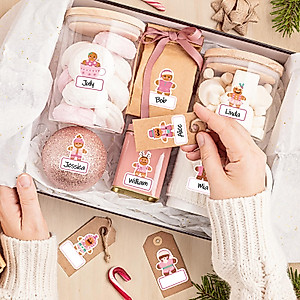 Whaline 120Pcs Christmas Gingerbread Name Tag Stickers Pink Xmas Cartoon Gingerbread Man Self-Adhesive Gift Label Decals for Winter Holiday Birthday Present, 10 Designs