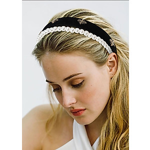 TERSE Black Velvet Headband with White Pearl Accents - Cute Vintage Designer Hair Accessory for Women's Holiday Fashion