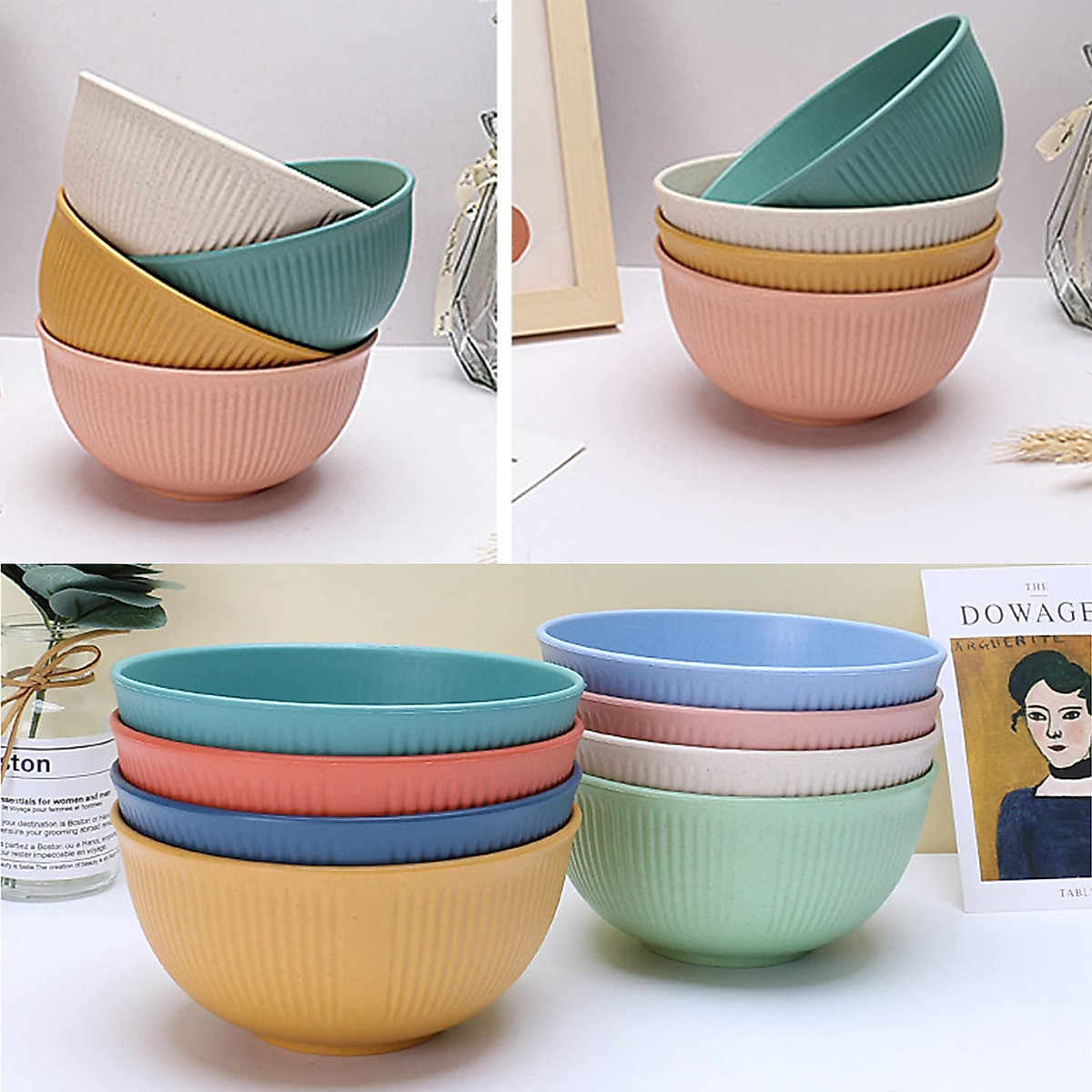 ATRDTO Set of 8,22 OZ Cereal Bowls, Unbreakable Wheat Straw Bowls, Microwave and Dishwasher Safe Reusable Bowls Set, for Ramen, Soup, Salad and more (22oz)