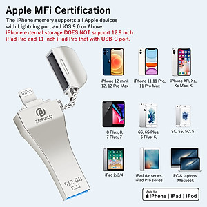 PL ZMPWLQ Photo-Stick for iPhone/iPad 512GB with Apple MFi Certified External Storage Thumb-Drive for Backup-Flash-Drive, USB Memory Stick for Laptop/PC 1PC