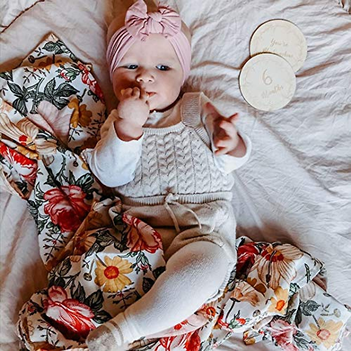 Bamboo Cotton Muslin Floral Swaddle Blankets Girl with Headband| Hospital Newborn Baby Receiving Blanket| Silky Soft Large 47’’X47’’| Newborn Baby Nursery Swaddle Wrap |Birth Announcement Card