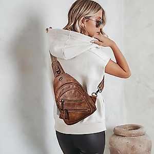 LATMAP 7L Sling Bag For Women Men Cross body Chest Bags Small Backpack Purse Fanny Pack Shoulder Travel Belt Bag Faux Leather Brown