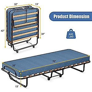 Giantex Folding Bed with Mattress for Adults, Rollaway Guest Beds w/Memory Foam Mattress & Metal Frame, Made in Italy, Cot Size Rollaway Bed, Portable Foldable Sleeper Bed for Home, 75" x 32" (Blue)