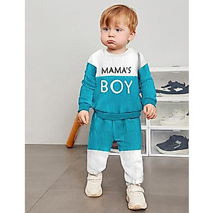 ADIFUN toddler Boy Clothes 2t-3t boys sweatshirt Outfits Fall Winter clothes baby boy's clothing MAMA'S BOY white blue Color Block Long Sleeve 2Pcs