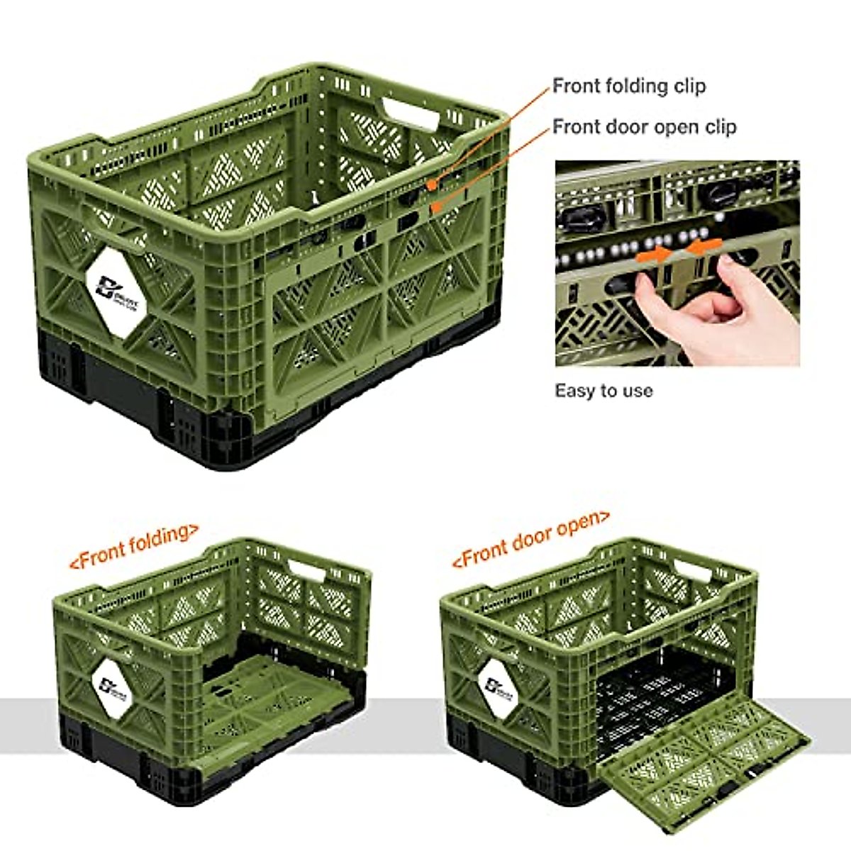 Bigant Heavy Duty Collapsible & Stackable Plastic Milk Crate-Medium Size, Olive, Stackable Open Front Organizer, Set of 1, Snap Lock Foldable Industrial Garage Storage Bin Container Utility Basket