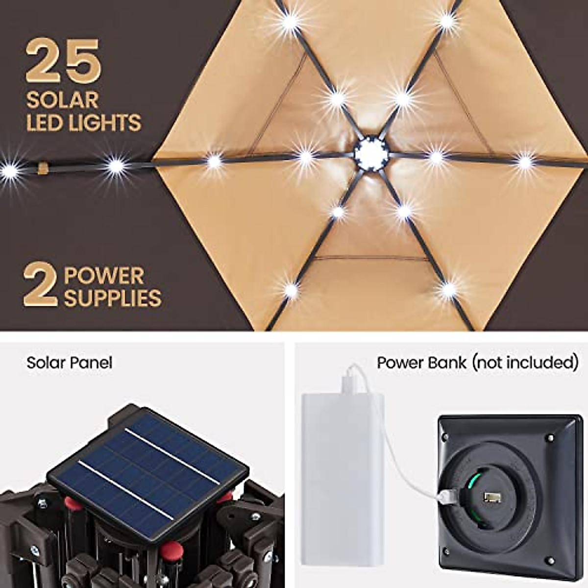 Topeakmart Instant Pop-up Gazebo 13 x 13 Canopy Tent Shelter with 25 Solar LED Lights, Mesh Netting Sides, Storage Bag, Bonus Weight Sandbags, Stakes, Ropes, Khaki & Brown