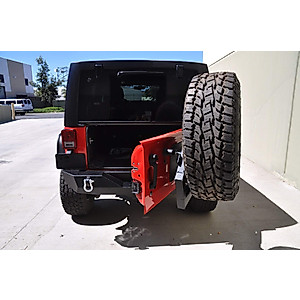 DV8 Offroad Rear Bumper with Swing Away Spare Tire Carrier for Wrangler JK Mid Width Single Opening Action Accommodates up to 37" Tire High Clearance Lightweight Black Finish RBSTTB-02