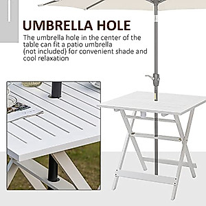 Outsunny Foldable Dining Table, Square Wood Side Table, Portable Bistro Table with Umbrella Hole for Outdoor Patio, Garden or Backyard, White