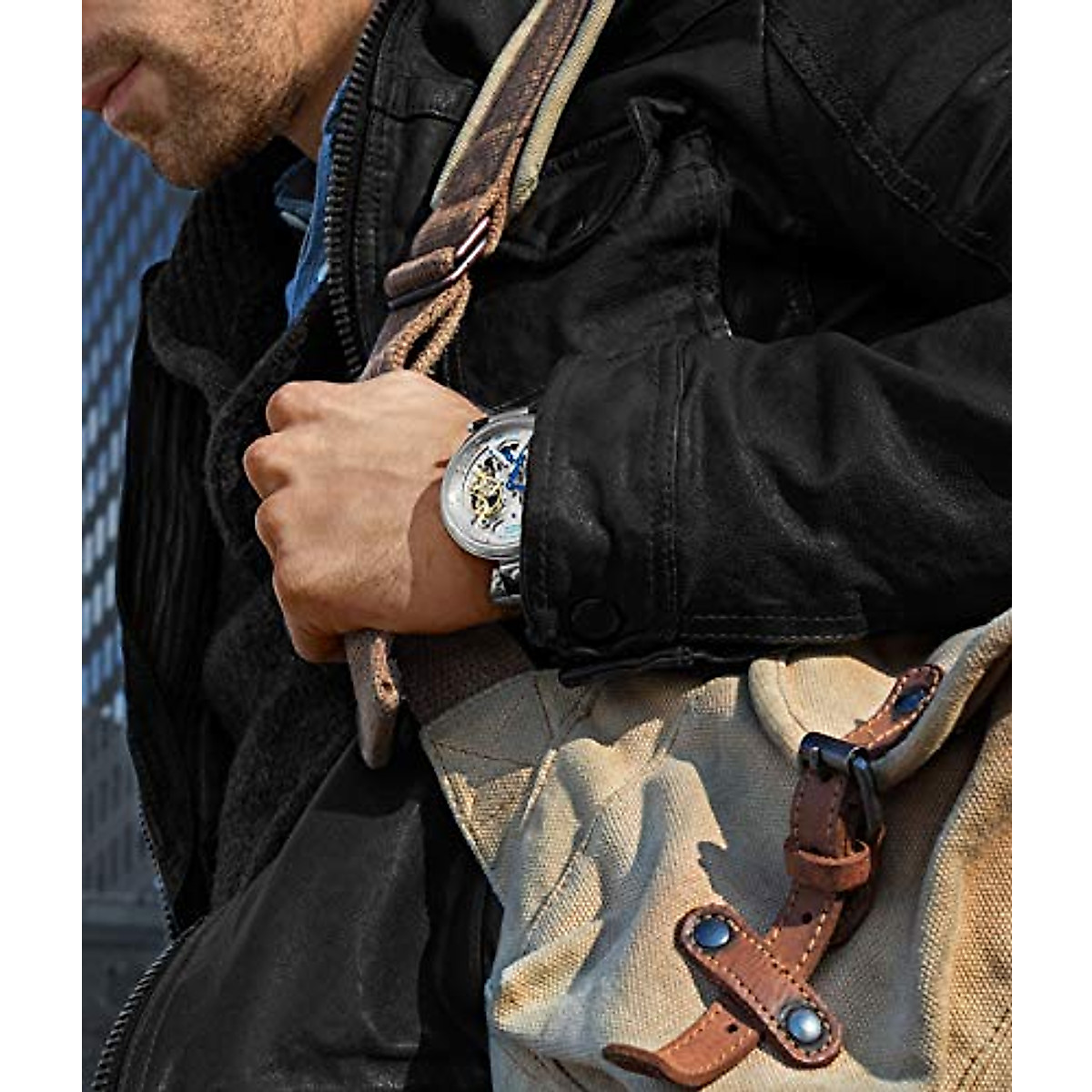 Stührling Original Mens Skeleton Watch Dial Automatic Watch with Calfskin Leather Band and - Dual Time, AM/PM Sun Moon