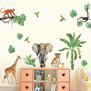 decalmile Jungle Elephant Animals Wall Sticker Safari Giraffe Tropical Plant Wall Decoration Living Room Baby Nursery Bedroom Children