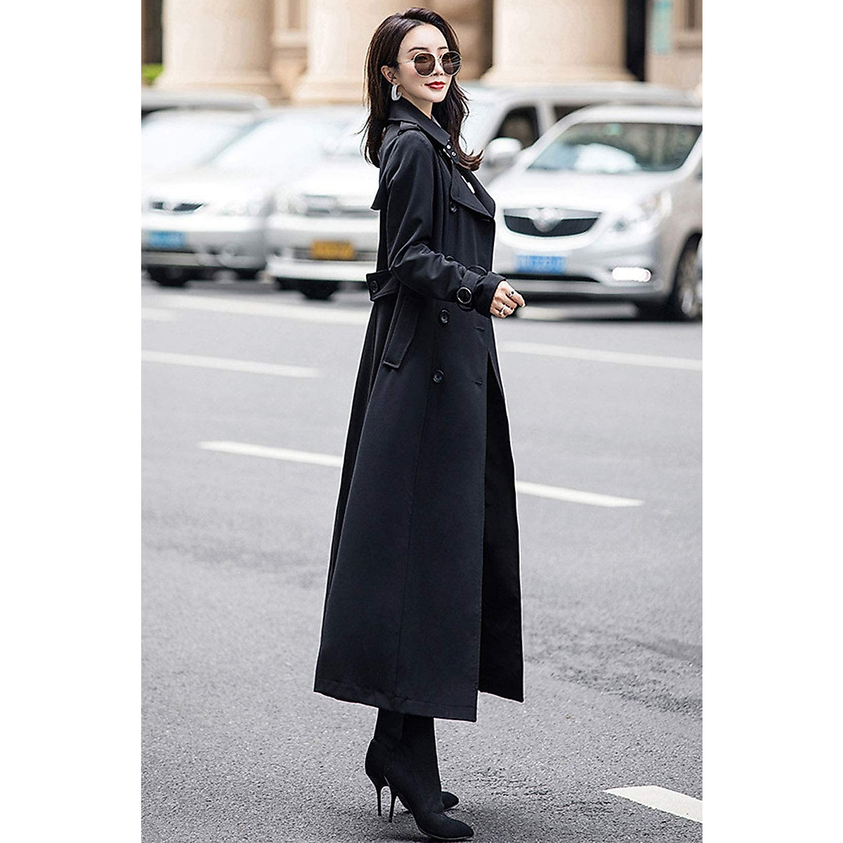 ebossy Women's Double Breasted Duster Trench Coat Slim Full Length Maxi Long Overcoat (X-Small, Black)
