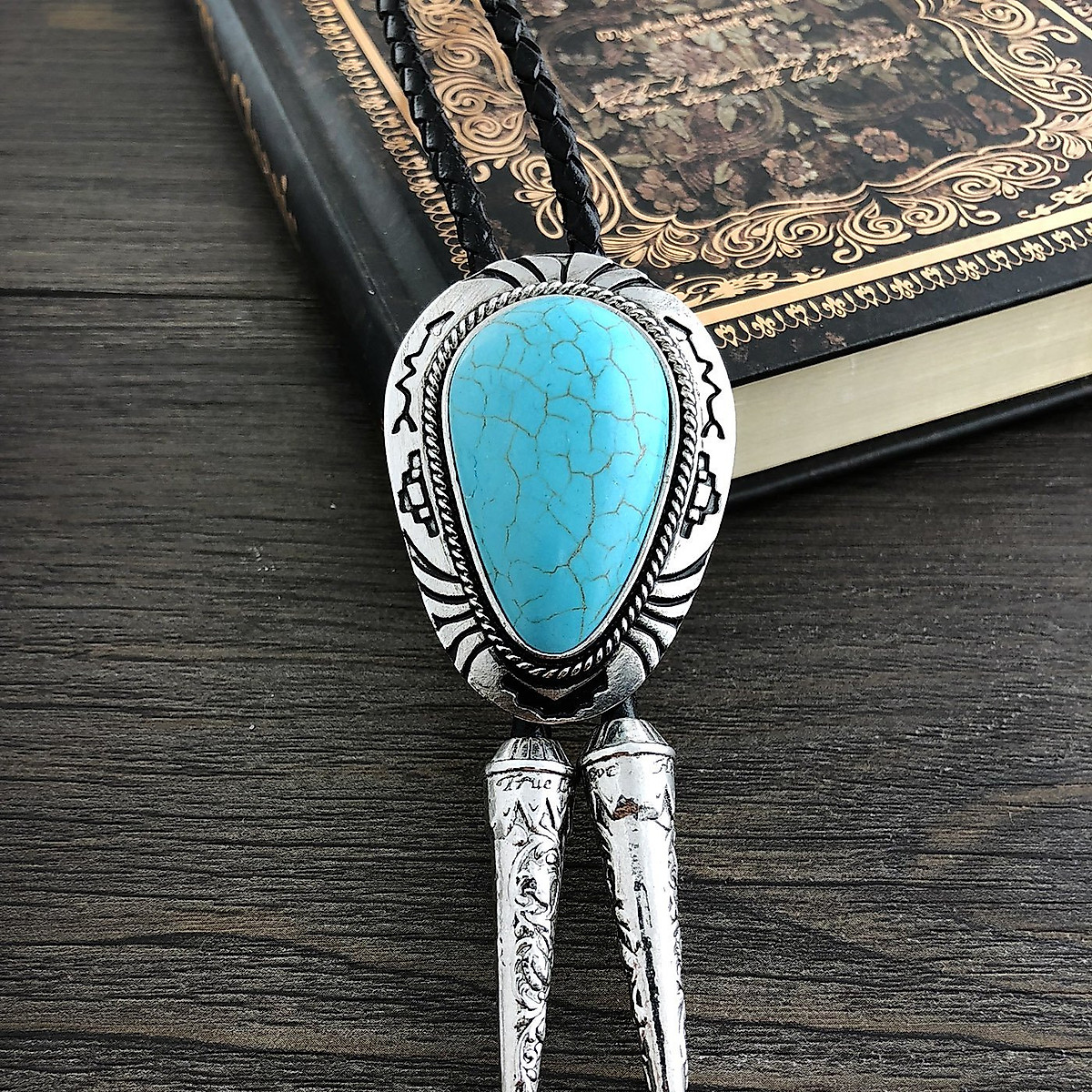 QUKE Native Western Blue Natural Turquoise Stone Bolo Tie Handmade Genunie Leather For Men Women