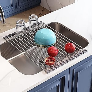 JASIWAY Roll Up Dish Drying Rack, Over The Sink Dish Drying Rack, Foldable, Portable,304 Stainless Steel Dish Drainers for Kitchen Inside Sink Counter (Sliver, 17.5" x12“)