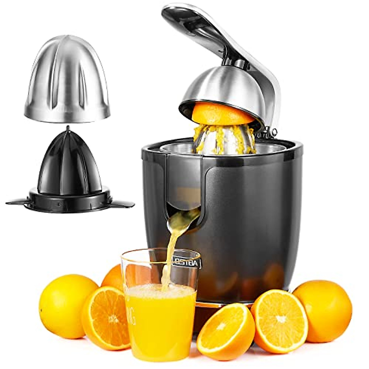 OSTBA Citrus Juicer Electric, Orange Juicer with Two Cones, Lemon Lime Grapefruit Orange Juice Squeezer, Anti-drip Spout, Stainless Steel Handle, Easy to Clean and Use