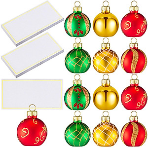 Nitial 12 Set Christmas Ornament Place Card Holders with Name Cards Glass Red Green Gold Table Number Holders Table Sign Card Holder for Christmas Party Wedding Anniversary Birthday, 1.57 Inch