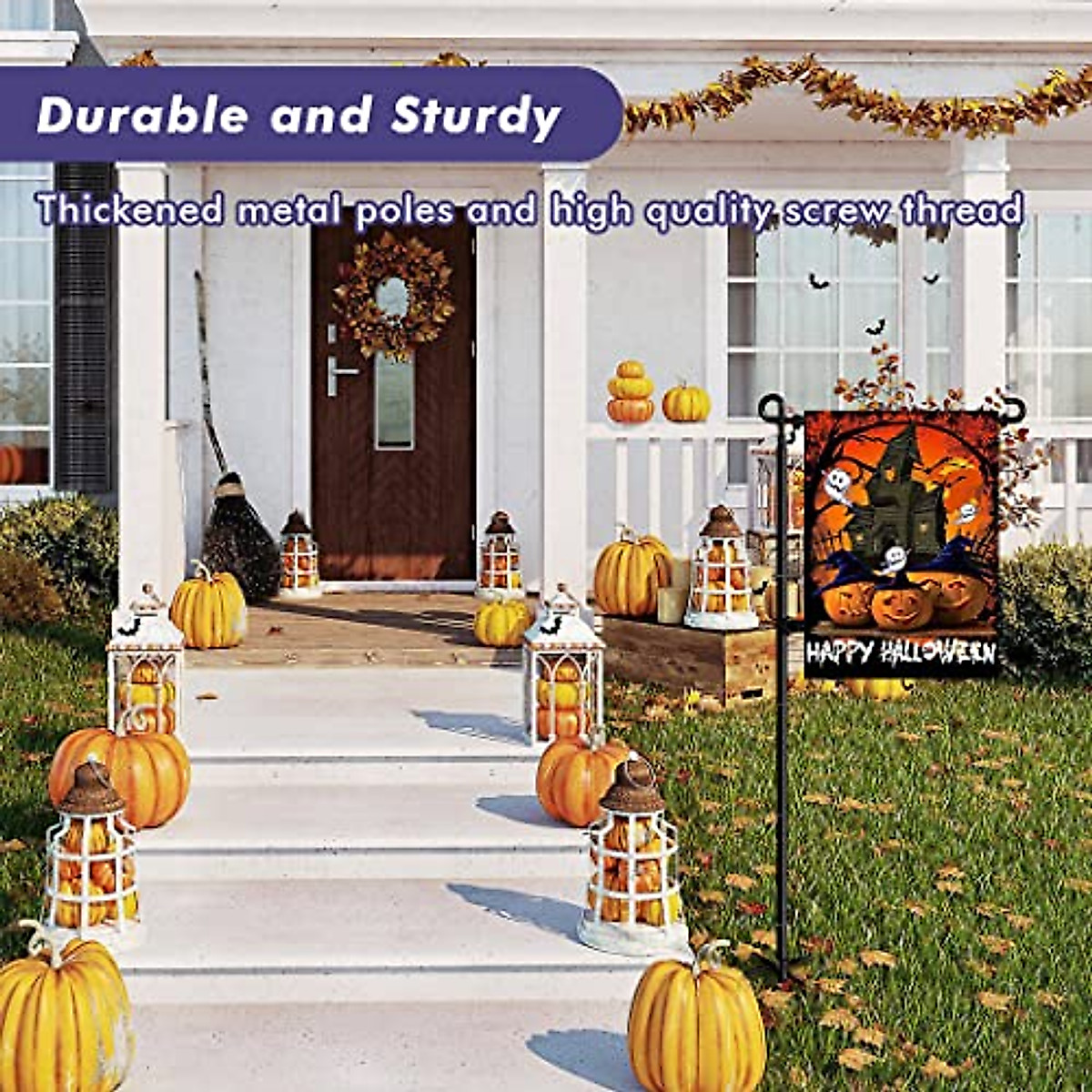 Funtife Outdoor Garden Flag Stand Holder Pole 49 inch Tall with 5 Prong Base, Metal Flagpole Kit yard Sign Stake Fits 12 x 18 Small Flags Décor for Outside House in Ground, Black