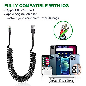 Coiled Lightning Cable Carplay[Apple Mfi Certified], USB to Lightning Cable Fast Data Sync with LED, Short Retractable iPhone Charger Cord for Car Compatible with iPhone 14/13/12/11 Pro Max/Pro/Xs Max