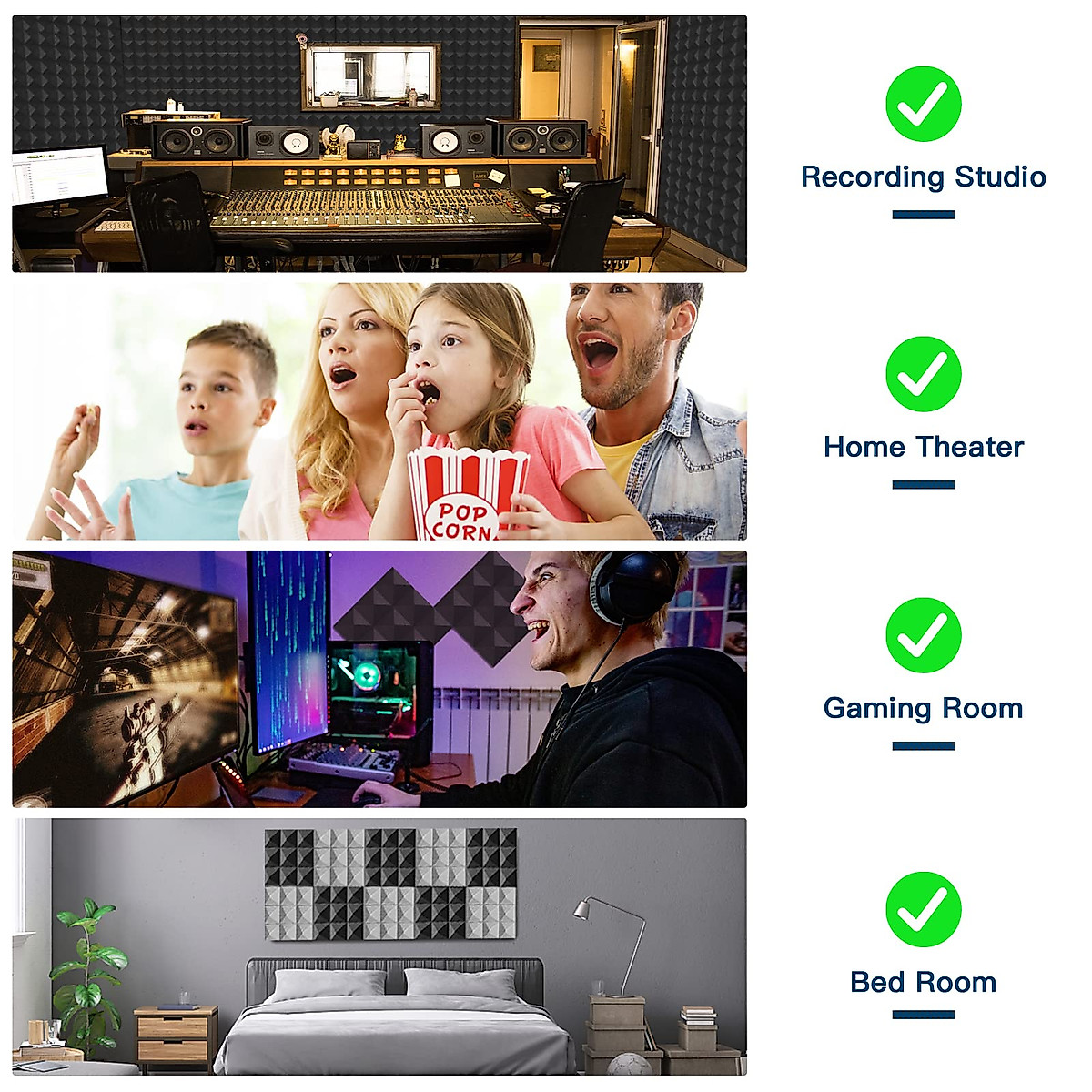 24 Pack Acoustic Foam Panels, Self-adhesive Sound Proof Foam Panels 2" x 12" x 12", Soundproof Insulation for Wall, Sound Absorbing Foam for Music Studio Bedroom Home, Decreasing Noise