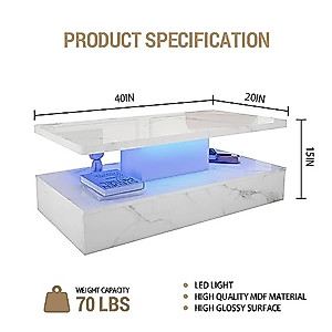 Tesquad Marble LED Coffee Table, Modern LED Coffee Table with High Gloss Surface, Modern White Living Room Table LED Light High Glossy Center Table for Living Room