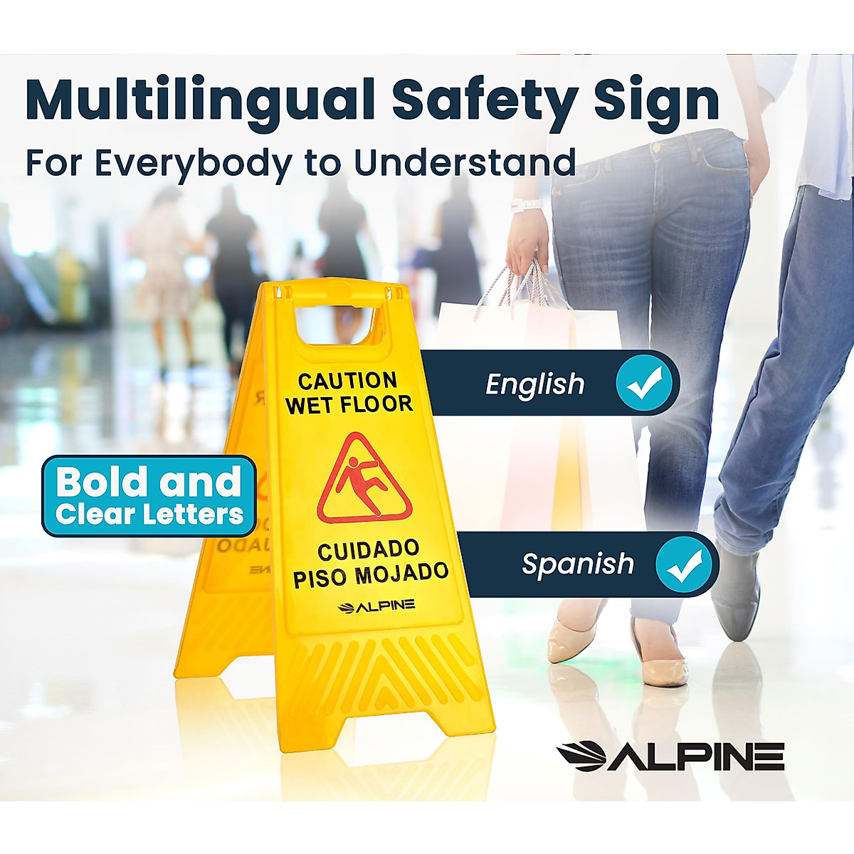 Alpine Wet Floor Signs 3 Pack - 24 Inch Caution Wet Floor Sign, High Visibility Yellow Slippery When Wet Sign - Bilingual Safety Warning Sign to Easily Avoid Slippery Accidents in High Traffic Areas