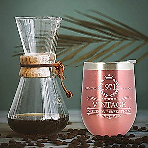 1971 52nd Birthday Presents for Women |Vintage Aged to Perfection Rose Gold 12 oz Insulated Double Wall/Stainless Steel Tumbler/Coffee Cup/Mug/Wine Glass w/Lid & Straw/ Funny Anniversary Ideas for her