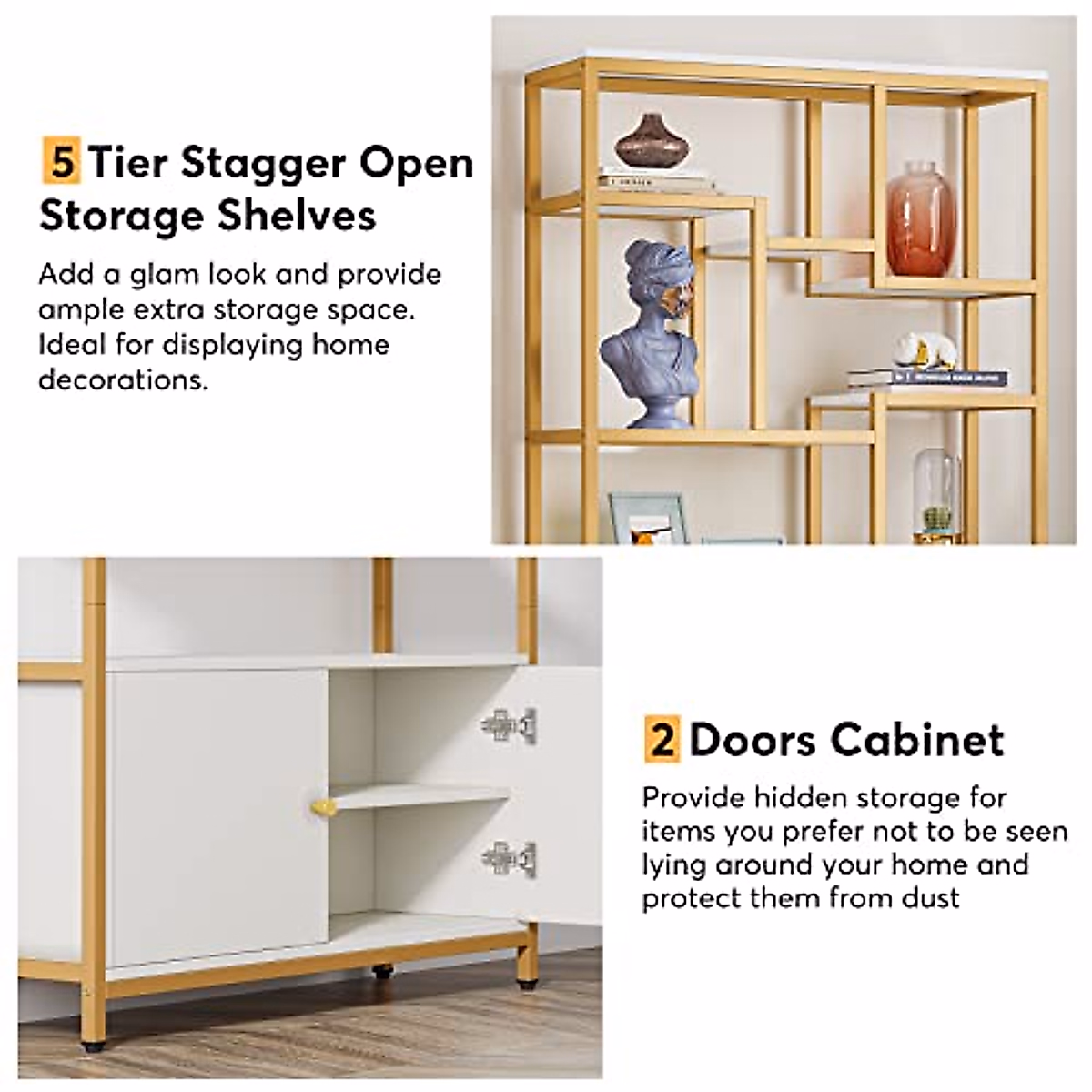 Tribesigns White Gold Bookshelf Bookcase with Doors 74 Inches Tall Bookshelf, Modern Gold Bookshelf 6 Tier Display Shelf Etagere Bookcase Narrow Metal Bookshelf for Living Room, Bedroom, Office