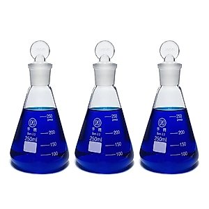 HUAOU 250ml Glass Erlenmeyer Flask Set, 3pcs Laboratory Glassware Flask with Glass Stopper for Chemistry Classroom Home Use, 3.3 Borosilicate Labware Science Flask, Narrow Mouth, Printed Graduation