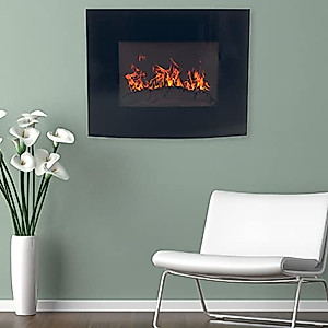 25.5-Inch Wall Mounted Electric Fireplace - Curved Glass Heater with Log Fuel Effect, Adjustable Flames, and Remote Control by Northwest (Black)