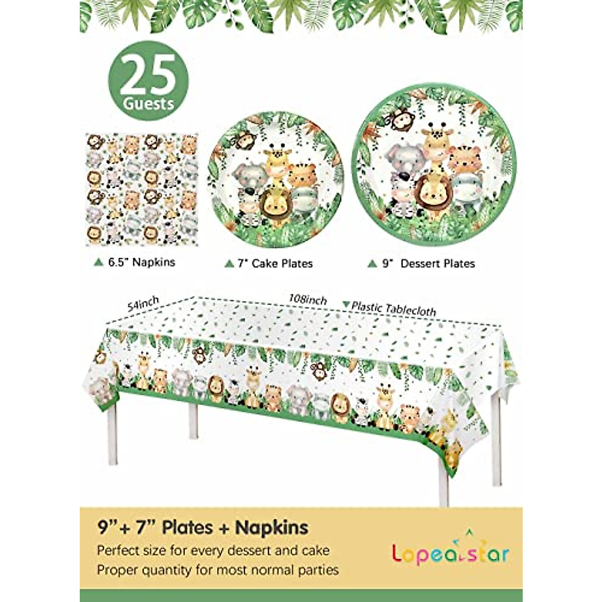 Safari Baby Shower Decorations Boy Plates Napkins and Tablecloth Set Serves 25,Jungle Animal Theme Birthday Party Supplies