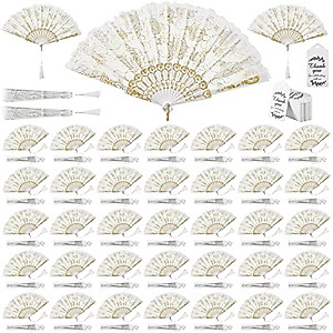 100 Pieces Lace Floral Folding Hand Fans Rose Retro Folding Fan White Hand Fans for Wedding Guests Women Foldable Handheld Bridal Dancing Props with Organza Bags Tassels Tags for Party Favors