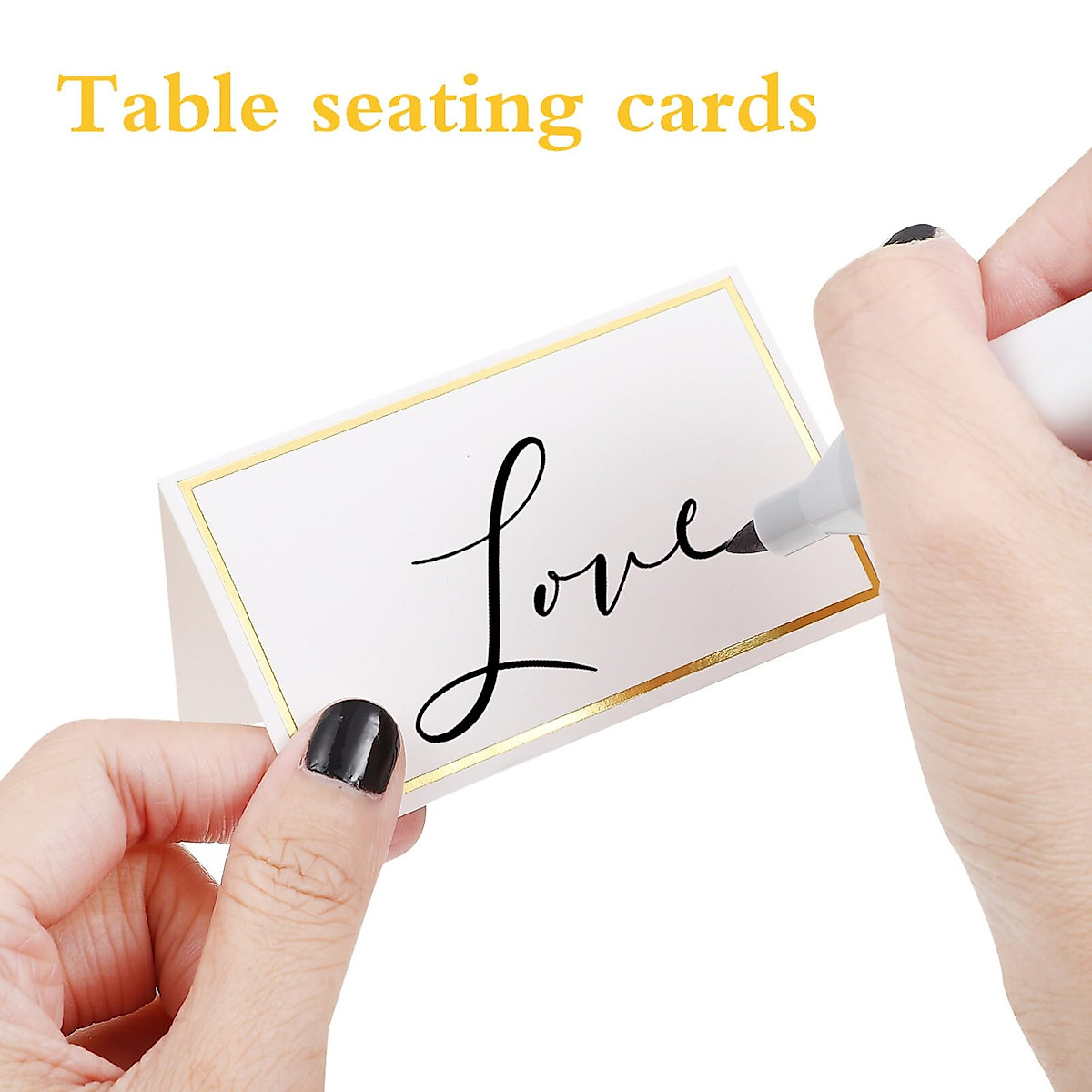 HOMSFOU 100pcs Place Cards, Wedding Name Cards Tent Place Cards with Gold Foil Border for Table Setting Weddings Banquets