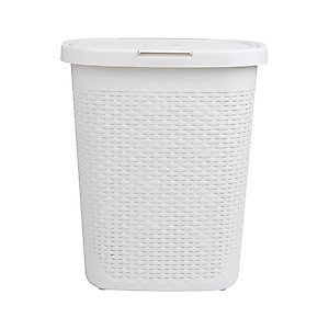 Mind Reader 50L Slim Laundry Hamper, Clothes Basket, Lid, Wicker Design, Plastic, 17.65"L x 13.75"W x 21"H, White