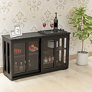 Henf Kitchen Storage Cabinet Wood Sideboard Buffet Cupboard with 2 Sliding Glass Doors and Adjustable Shelves Classic Accent Console Table Cabinet for Kitchen Dining Living Room, Black
