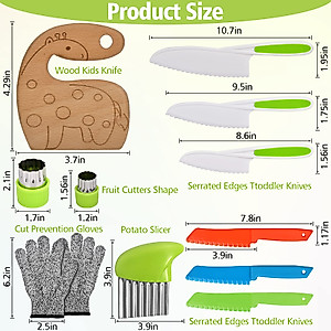 12 Pieces Wooden Kids Kitchen Knife, Kids Knife Set Include Wood Toddler Knife Serrated Edges Plastic Knife Sandwich Cutter Potato Slicers Children Gloves, Christmas/New Year's Gift for Child