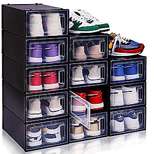 FINESSY Small Shoe Organizer Shoe Storage Box, Shoe Boxes Clear Plastic Stackable, Clear Shoe Boxes Stackable Black Shoe Organizer For Closet Shoe Containers Shoe Box Storage Containers (Dark Blue)