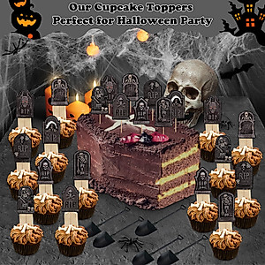 48 Pcs Halloween Cupcake Toppers - Tombstones Graveyard Cake Topper, Halloween Cake Decorations with Mini Shovel Spoons, 8 Designs Halloween Cupcake Picks for Kids Birthday Halloween Party Decorations