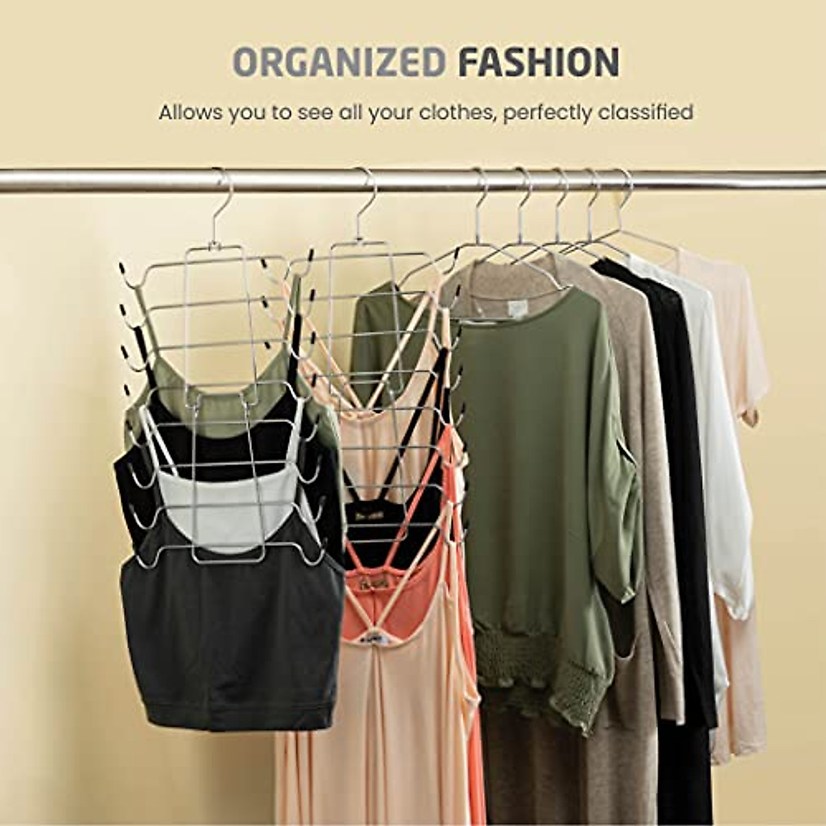 Space Saver Durable Tank Top Hanger & Bra Organizer - Folding Metal Hanger, Multi-Use 16-in-1 Space-Saving Cami & Bra Hangers Great for Lingerie, Bathing suits, Strappy Dresses, Accessories, Tie/Belts