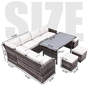 JETEAGO 7 Piece Patio Furniture Set Wicker Conversation Set Outdoor Garden Sectional Rattan Sofa with Dining Table,Ottoman for Yard Poolside, Beige