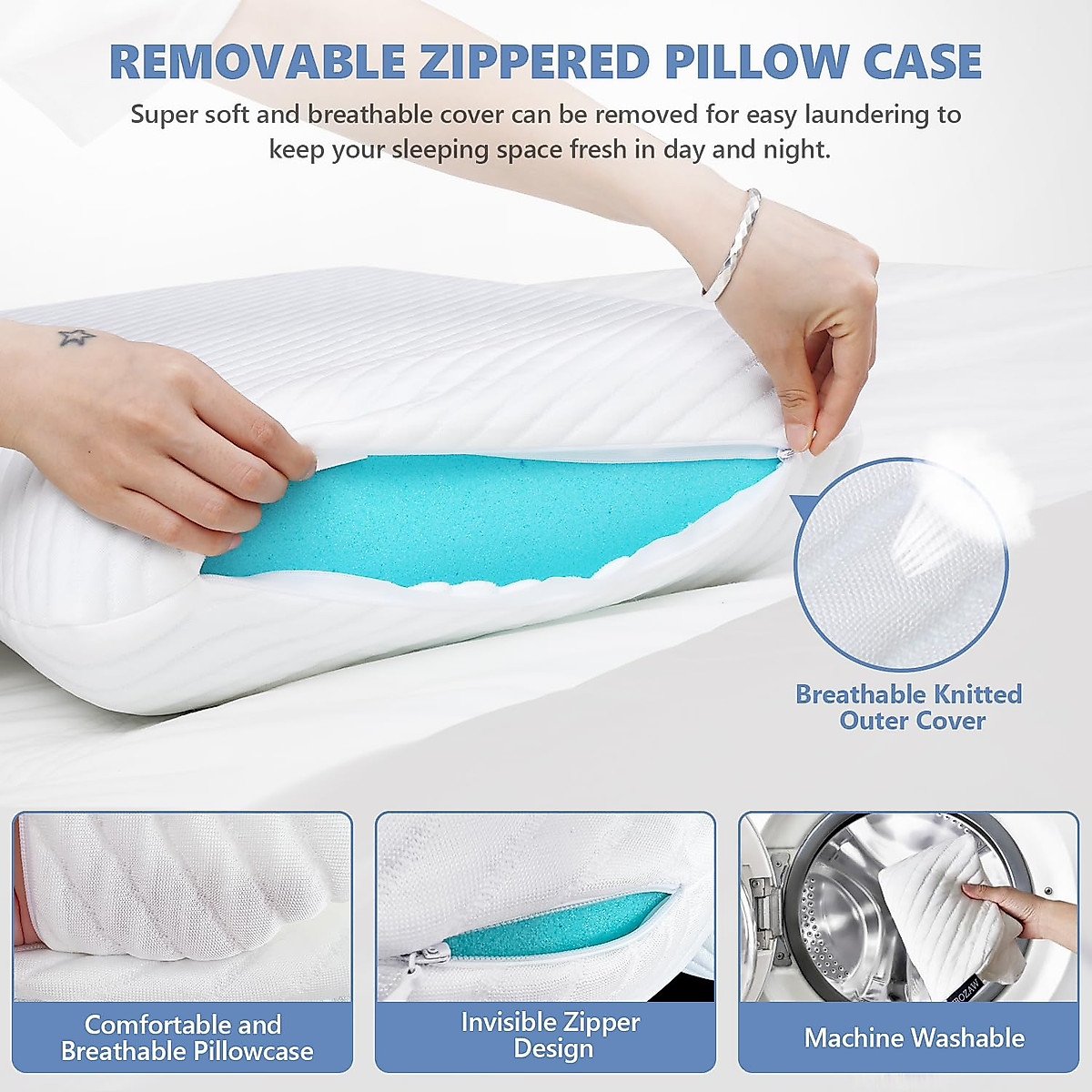 Ubozaw 2 Pack Cooling Gel Memory Foam Pillows for Sleeping, Firm Foam Bed Pillows with Holes, Ventilated Memory Foam Pillows for Back and Side Sleepers, 5 Inch Loft, with Washable Cover, Queen Size