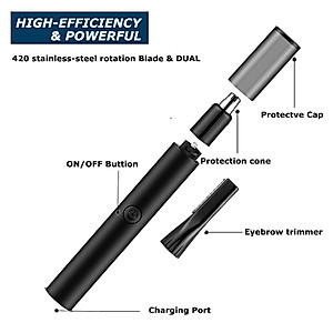 PIUMODO Men Electirc Ear Nose Hair Trimmer Cordless Rechargeable ，Metal Nasal Eyebrow Painless Clipper for Women，Dual-Edge Stainless Steel Blades Mute Motor Personal Facial Shaver （Black）