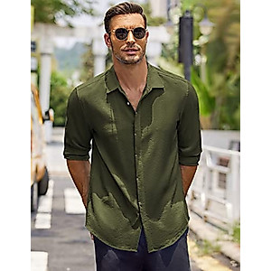 COOFANDY Men's Linen Shirt Long Sleeve Casual Button Up Shirt Beach Shirt for Men Summer Wedding Shirt Army Green