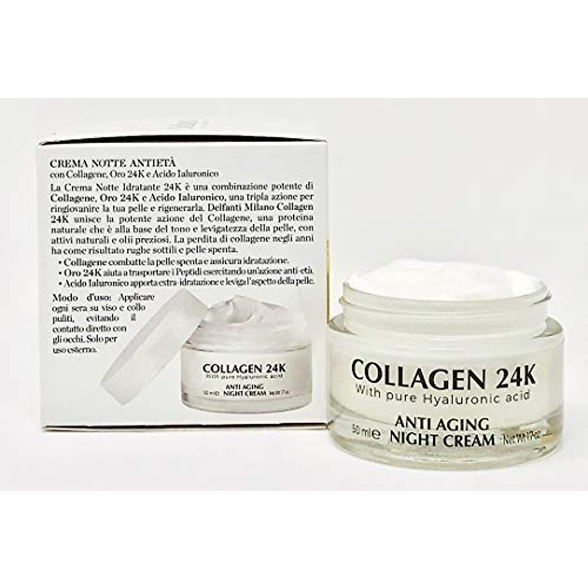 Delfanti-Milano • COLLAGEN 24K • Anti-Aging Night Cream • Face and Neck Moisturizer with pure Hyaluronic Acid • Made in Italy