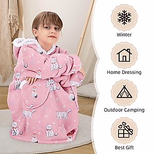 Zando Pink Blanket Hoodie Cat Blanket Kids Oversized Wearable Blanket Hoodies Cozy Warm Hooded Blanket for Boys Girls Sherpa Blanket Hoodie with Pocket Thick Fleece Sweater Blanket Gift for Teens