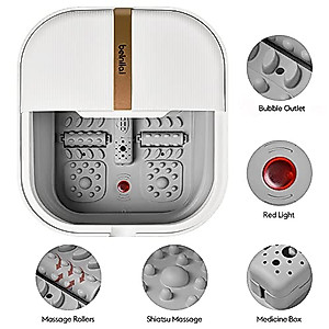 Beinilai Foot Spa, Collapsible Foot Bath Spa with Heat and Bubble Massage,Feet Soaking Tub with Vibration,2 Massage Rollers, Raised Nodes & Red Light,Pedicure Foot Spa Soak with Foot File (White)