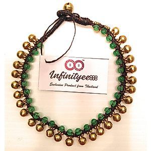 Infinityee888 Trendy Fashion Anklet Green Jade and Brass Bell Ankle Bracelet 10 Inches Woven with Wax Cord Beautiful Handmade Hippie Bohemian Style