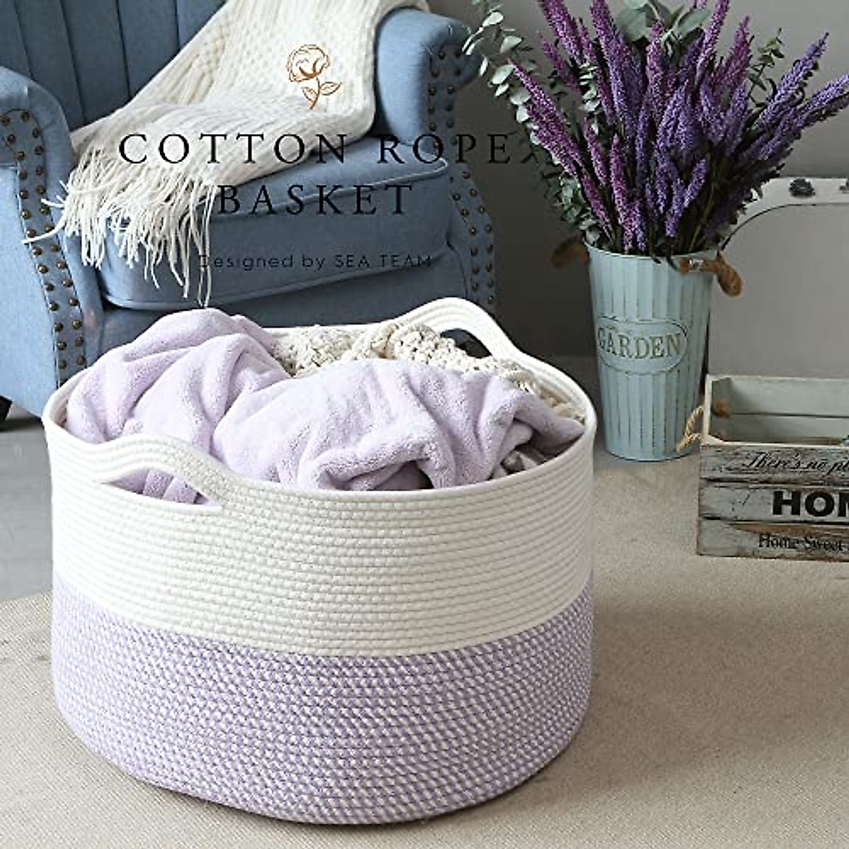 Sea Team XXXL Cotton Rope Basket, Large Woven Nursery Storage Bin, Laundry Hamper, Jumbo Blanket Basket for Rugs, Cushions, Pillows, Toys Organizer, 22 x 14 Inches, White & Mottled Lavender