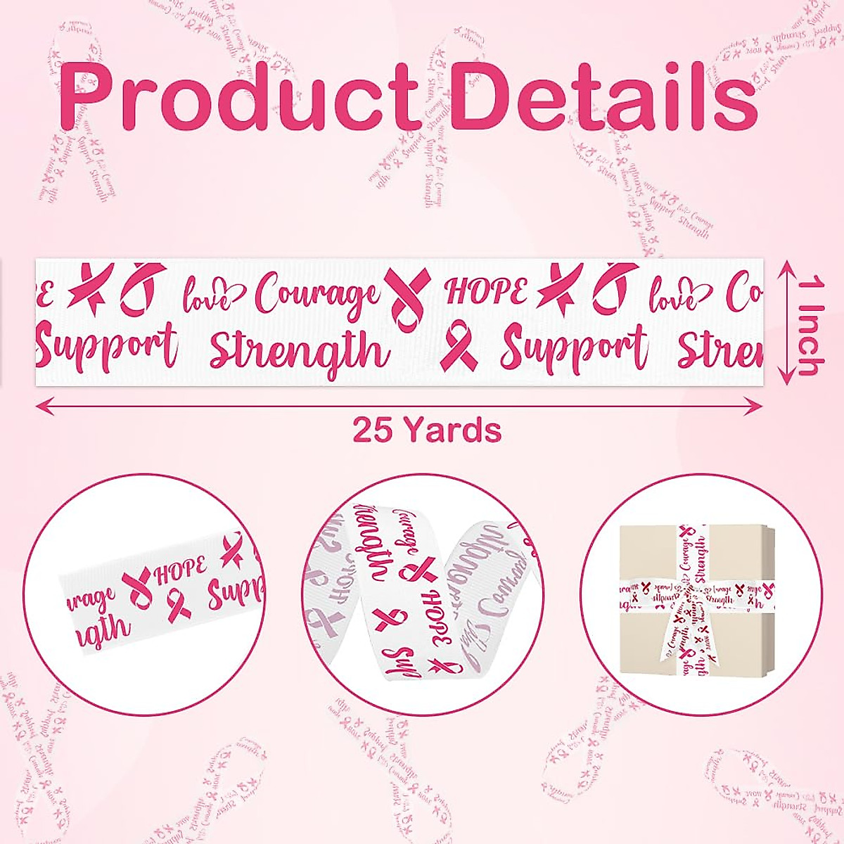 Breast Cancer Awareness Ribbon 25 Yards 1 Inch White Ribbon Pink Ribbon Breast Cancer Grosgrain Ribbon for Breast Cancer Awareness Accessories Cheer Bows Party Decorations Crafts Wreath Hair