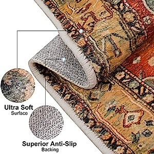 Boho Area Rug, 4' x 6' Machine Washable Rugs for Entryway Faux Wool Large Rugs Distressed Throw Rug Non-Slip Floor Carpet for Indoor Bedroom Kitchen Living Room