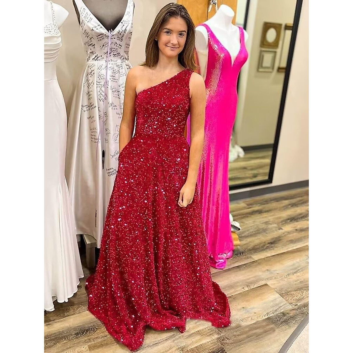 Changuan Sequin Prom Dresses for Women 2025 One Shoulder Sparkly Ball Gown A-Line Plus Size Formal Evening Wedding Party Gowns 18 Hot Pink