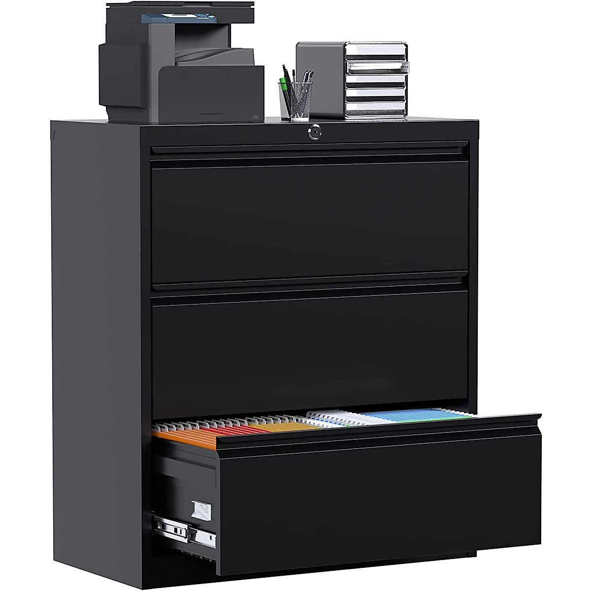 Greenvelly 3 Drawer Lateral File Cabinet with Lock Metal Filing Cabinet for Home Office